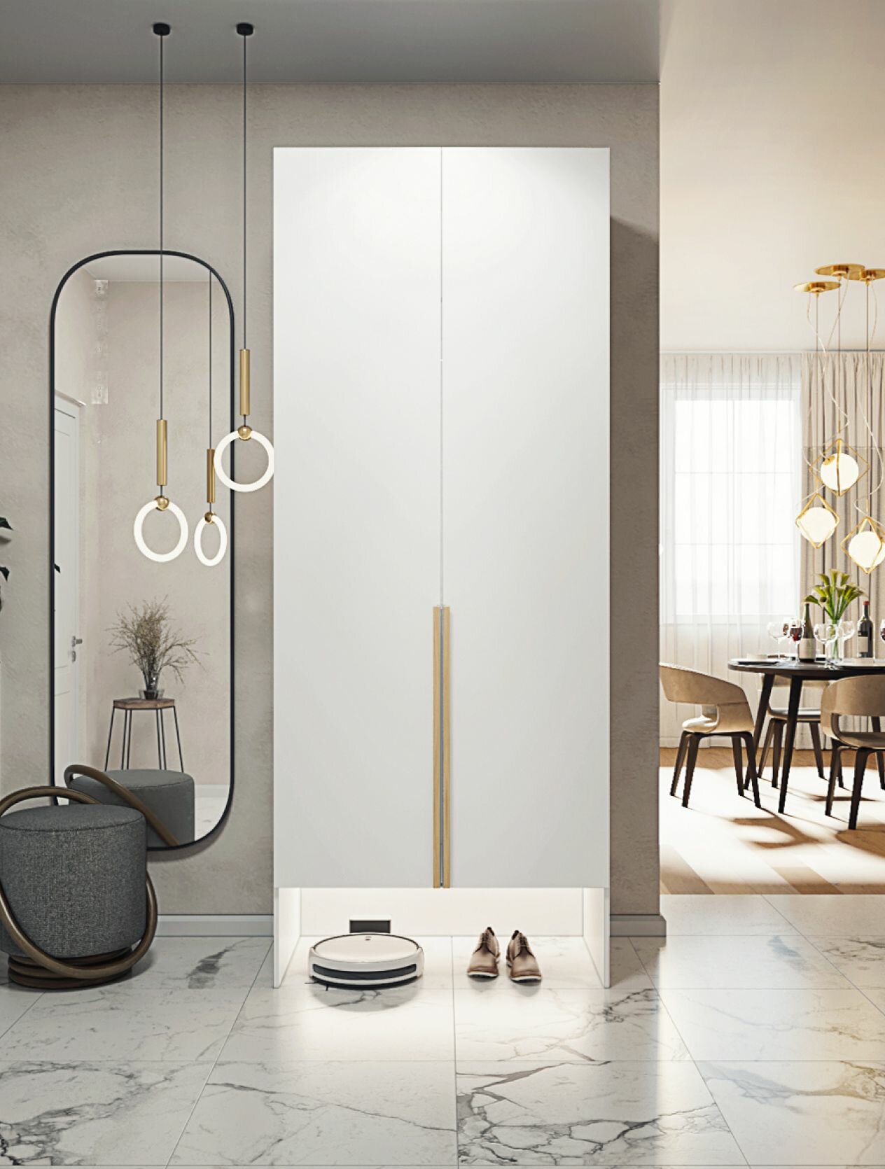 Casa Mia 70x50x250 см. Шкаф в прихожую распашной парящий, 2-дверный, белый, ручка накладная 832 мм