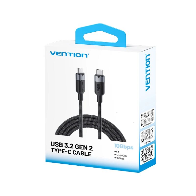 Кабель Vention 100W USB-C - Type-C, 10 Гбит/с, USB 3.2 Gen2, для быстрой зарядки, 4K@60Гц, для iPhone 17, 16, 15, Maxbook