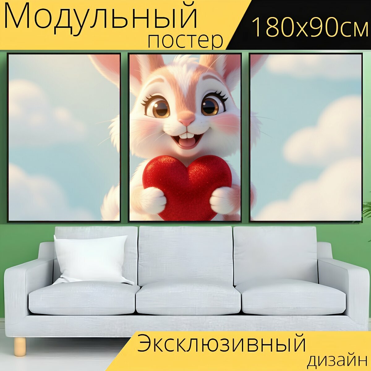 Модульный постер "Милый веселый мультяшный зайчик с сердечком" 180 x 90 см. для интерьера на стену в тубусе