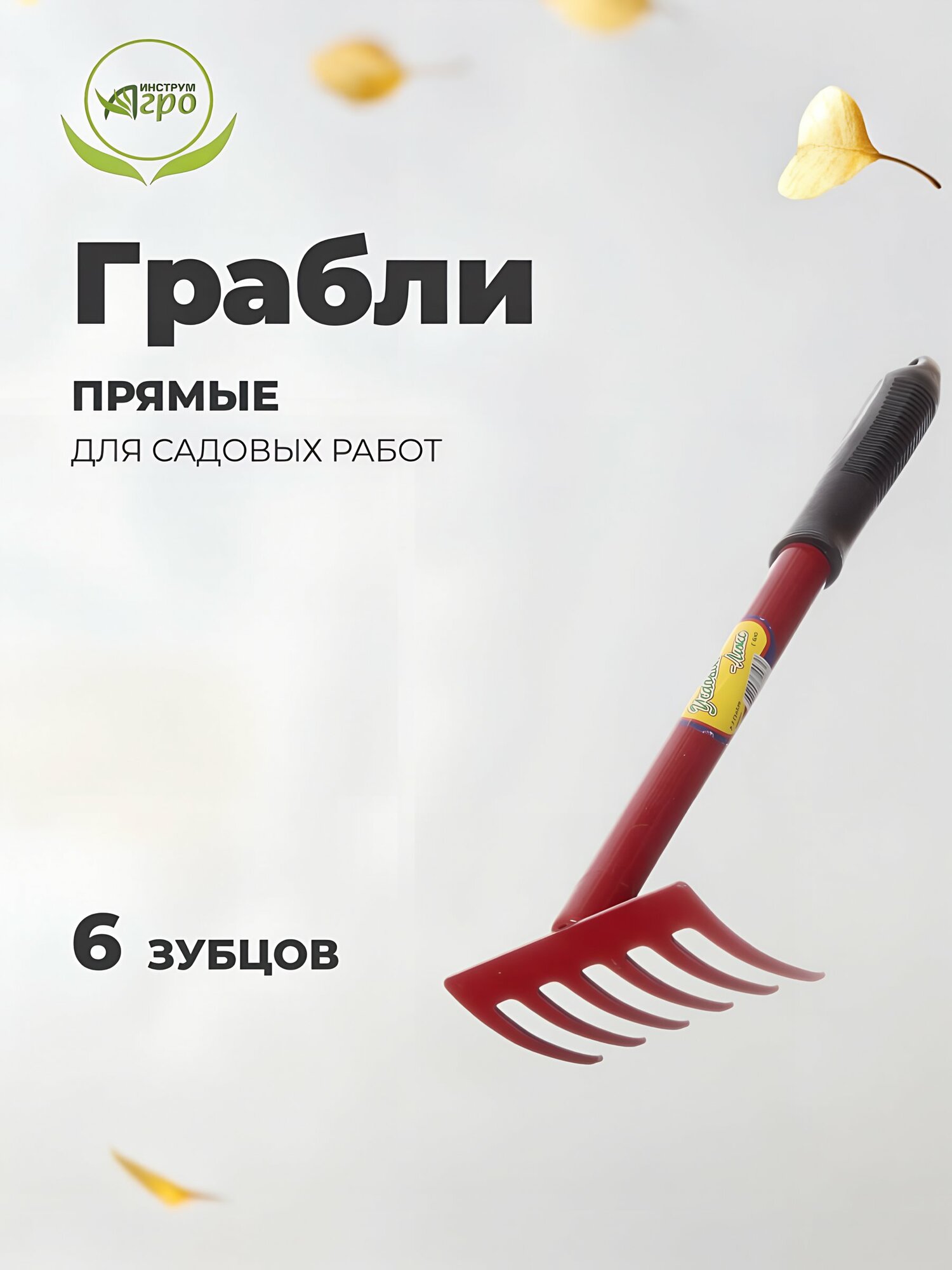Грабли садовые прямые металлические 6 зубцов, с черенком, Инструм-Агро