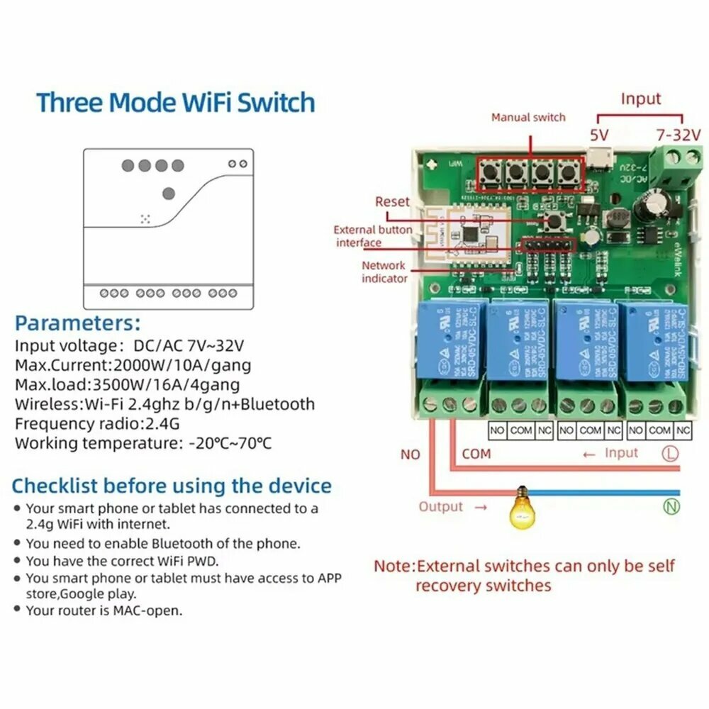 Smart Switch 4-Канальный Интеллектуальный Модуль WiFi-Коммутатора 7-32 В