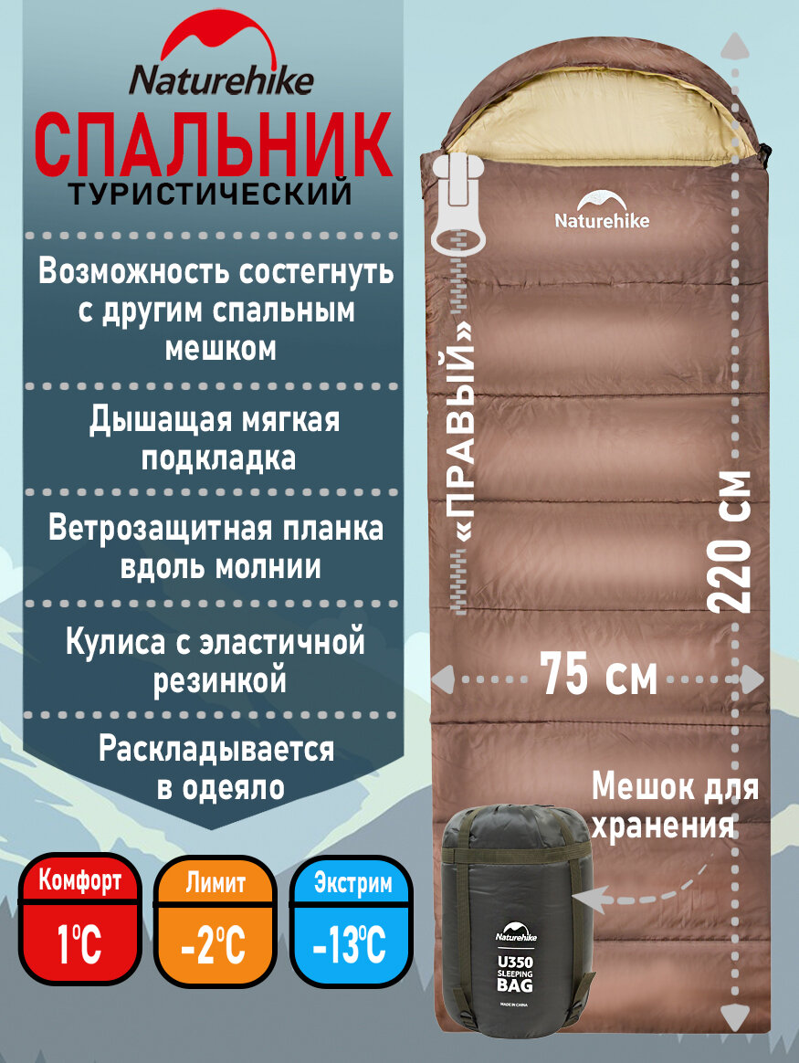 Туристический спальный мешок, спальник Naturehike U350 с капюшоном, молния справа, коричневый, NH20MSD07