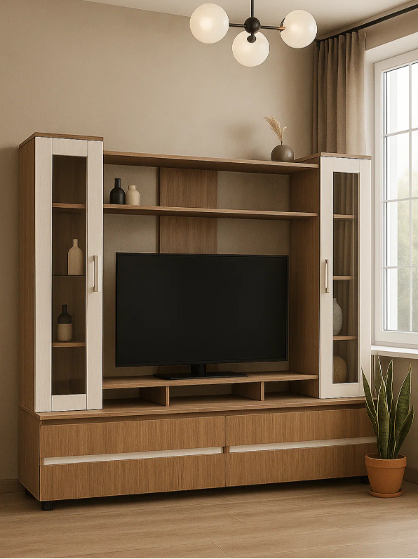 Стенка в гостиную "Эльза-2" цвет: корпус ясень шимо тёмный/фасады ясень шимо светлый размер: 1800x423x1582 мм