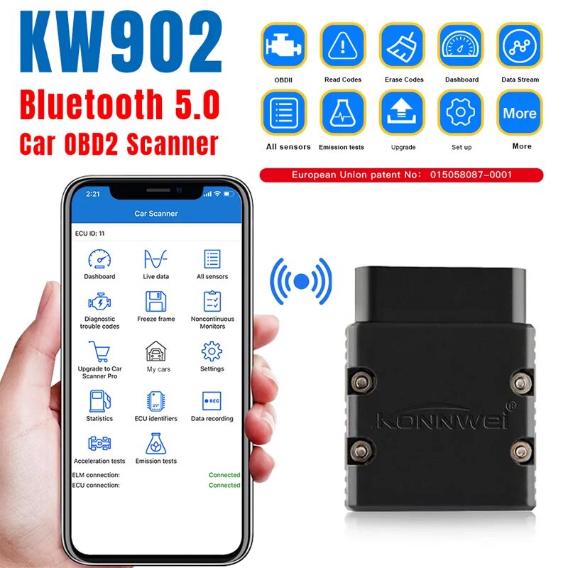 2026 KONNWEI KW902 ELM327 V1.5 OBD2 Автомобильный диагностический сканер Bluetooth KW902 Black