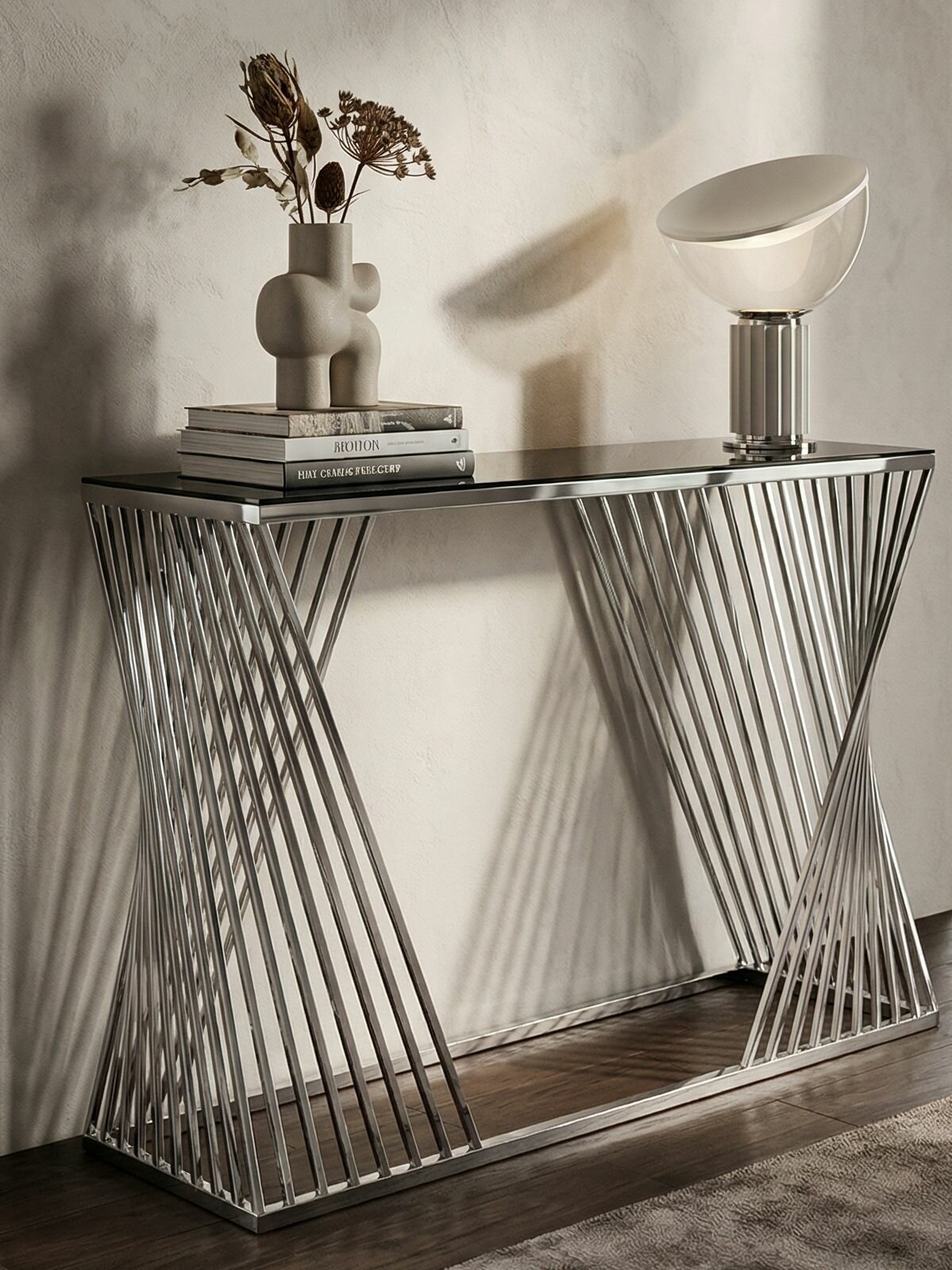 Консольный столик РИМ, туалетный столик, мебельная консоль 1400х875х280мм (хром/стекло серое графит)