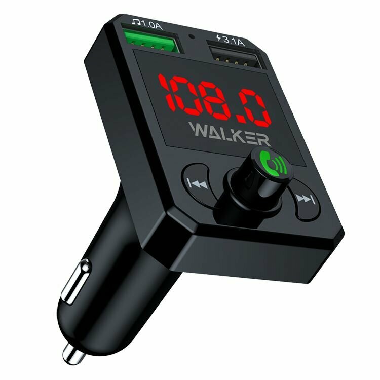 FM трансмиттер с bluetooth, WALКЕR, 2 USB, быстрая зарядка 3.1А, фм audio transmitter для авто, автомобильный модулятор с блютуз, черный