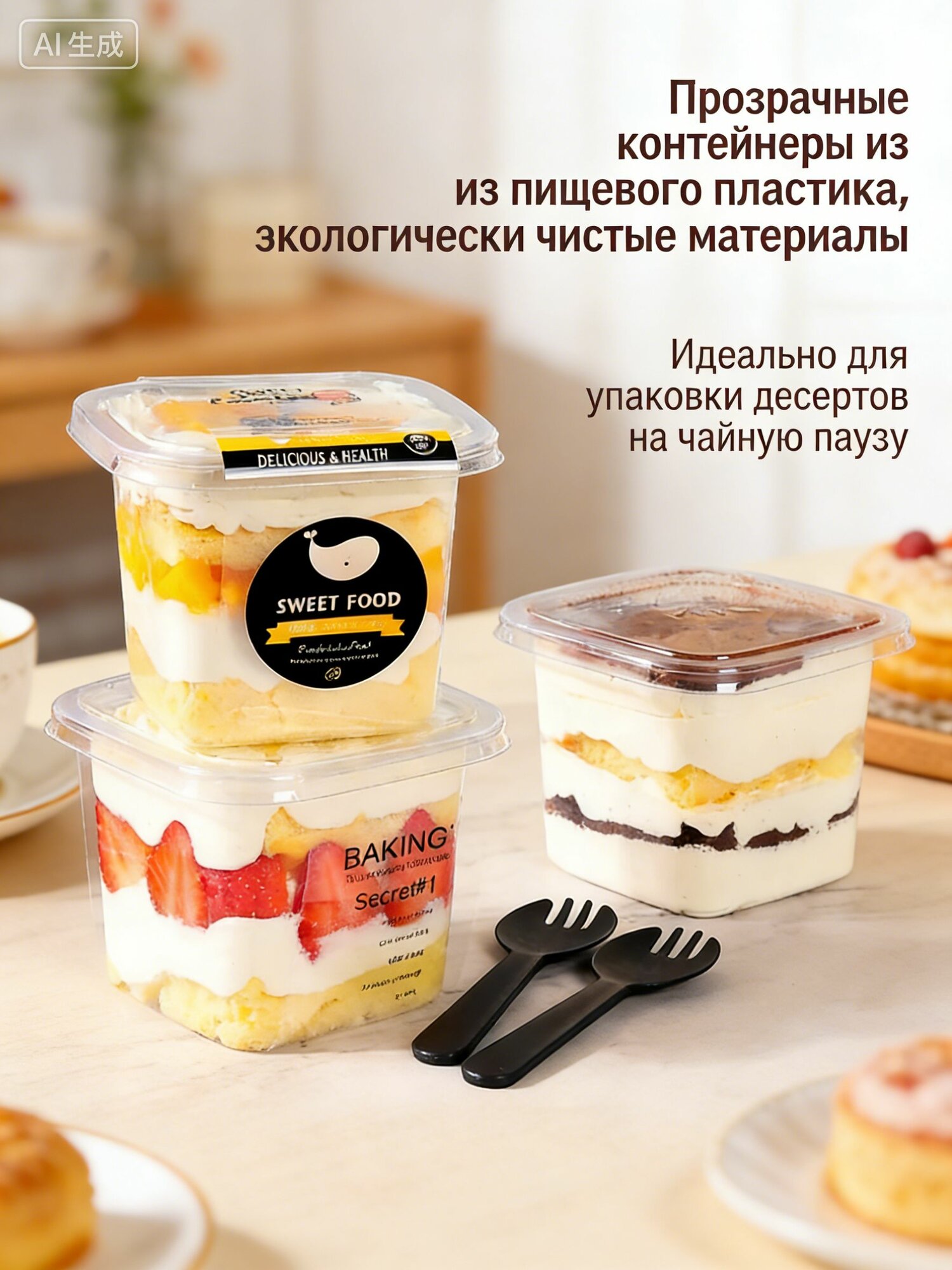 ОдноразовыйКоробка для десертов, коробка для фруктов, с вилкой и крышкой, 20 шт,10*7.5*6.5 см