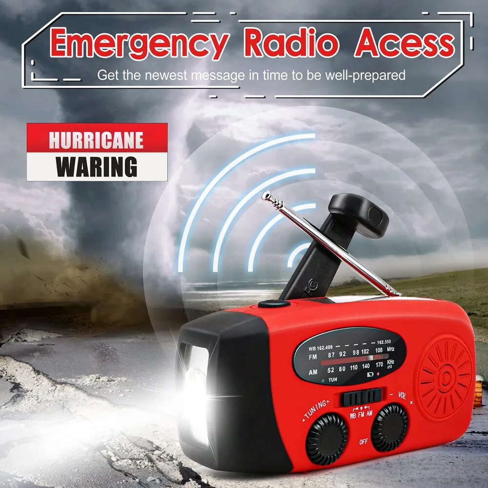 Динамофонарь радиоприемник AM/FM NOAA с фонариком и солнечной панелью, красный, 210 г — фото 1