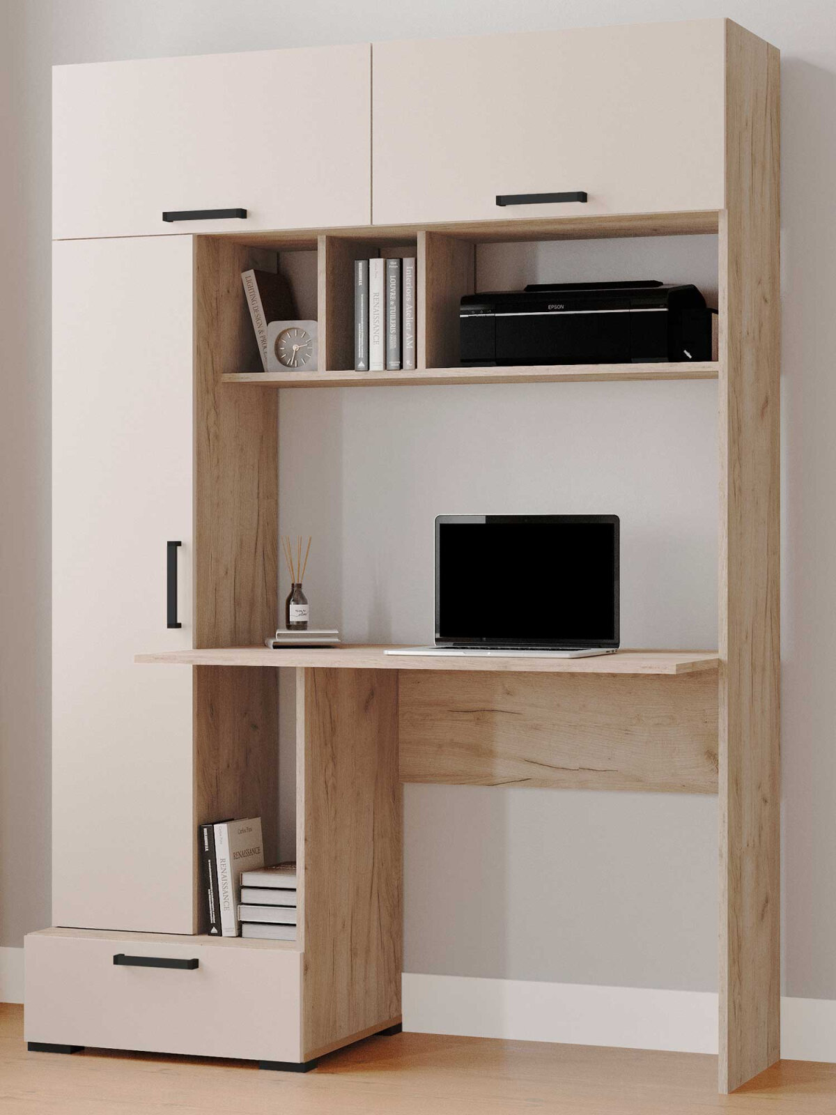 Стол компьютерный "Квартет-11" кашемир/крафт серый Huge Mebel. Ширина 1316 Высота 1850. Столы компьютерные Huge Mebel. Ширина 1316 Высота 1850