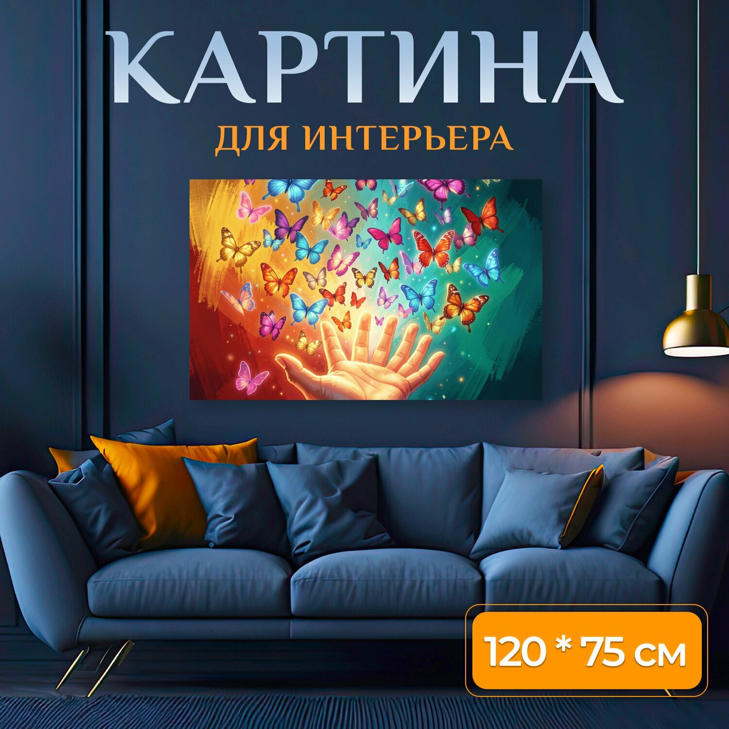 Картина на холсте "Ладонь с парящими бабочками. Яркая фантазийная сцена: раскрытая рука выпускает в воздух множество разноцветных крылатых." на подрамнике 120х75 см. для интерьера