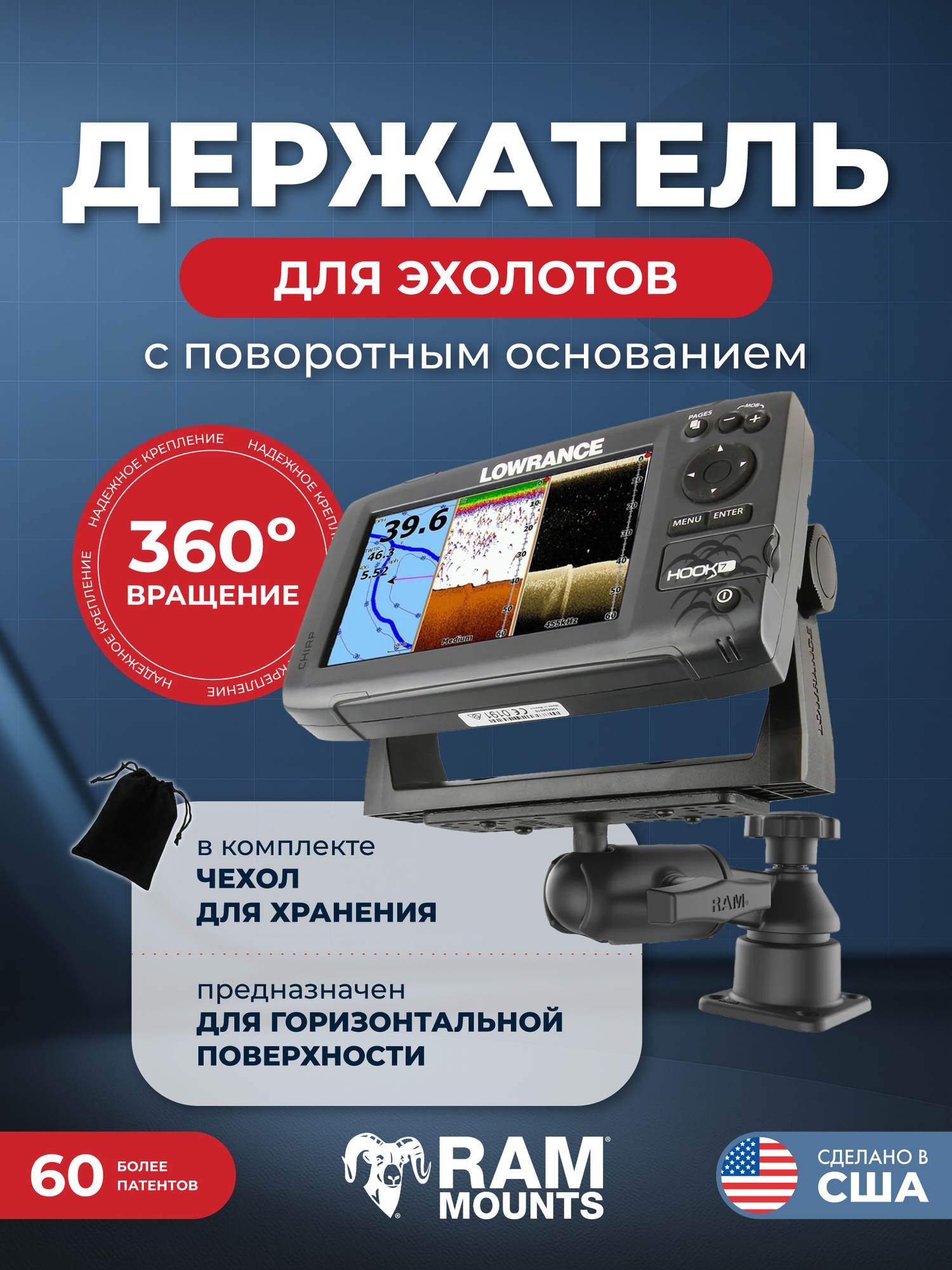 Крепление для эхолотов и картплоттеров RAM MOUNTS горизонтальное, с поворотным кронштейном