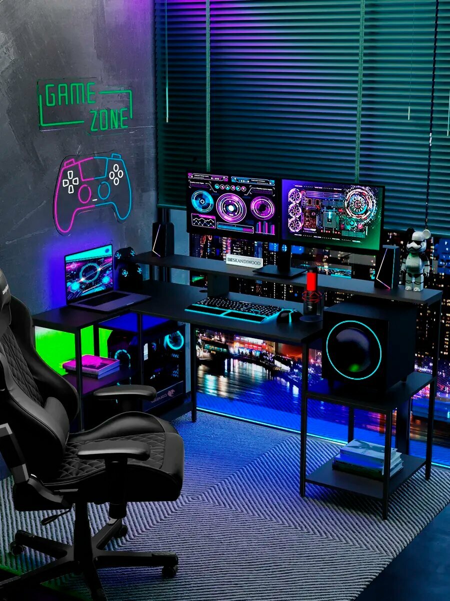 Стол компьютерный геймерский угловой с полками большой для школьника для геймера