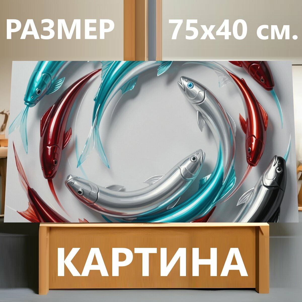 Картина на холсте "Абстрактные рыбы в круговом движении. Шесть глянцевых морских обитателей в бирюзовых, красных, серебристых и черных оттенках." на подрамнике 75х40 см. для интерьера