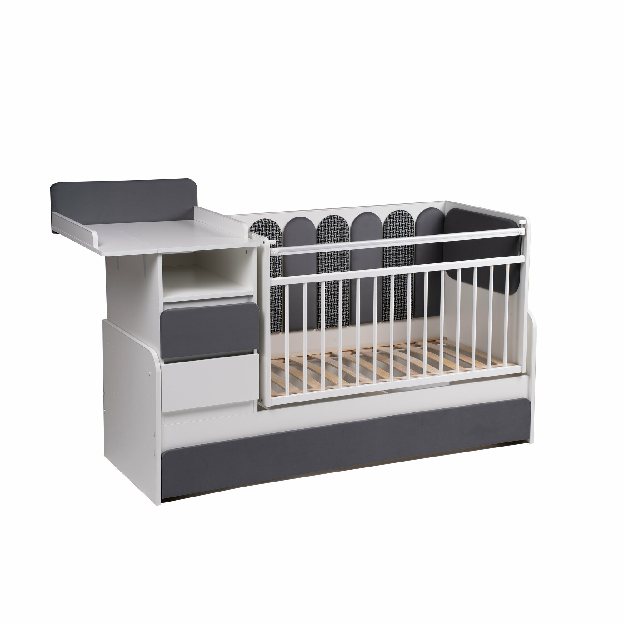 Кровать-трансформер "Дивания", корпус белый, велюр графит, рогожка серая