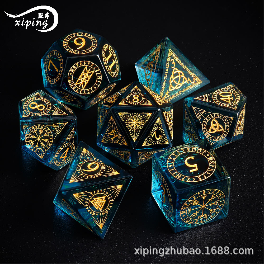 Набор из 7 кубиков Xiping K9 Crystal Dice, ярко-синие стеклянные кубики для настольных ролевых игр DND.