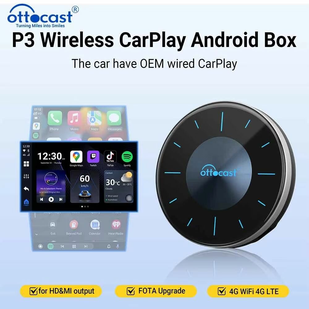 Беспроводной адаптер CarPlay/Android Auto Ottocast OttoAibox P3, Android 12, 8 ГБ+128 ГБ, HDMI и GPS для авто