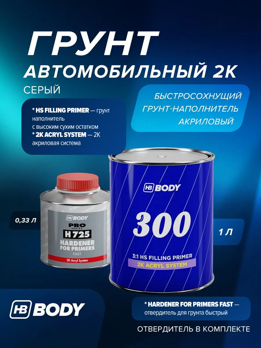 Грунтовка для автомобиля акриловая 2K HS 3:1 серая 1 л + 0,33 л отвердитель, грунт акриловый HB BODY 300