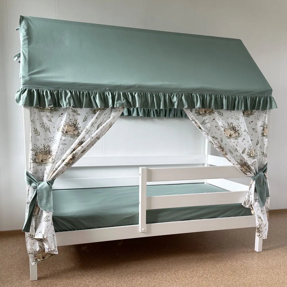 Текстиль на кровать домик 80х160 см (олива/оленята). Крыша на кровать домик со шторками ТД-43