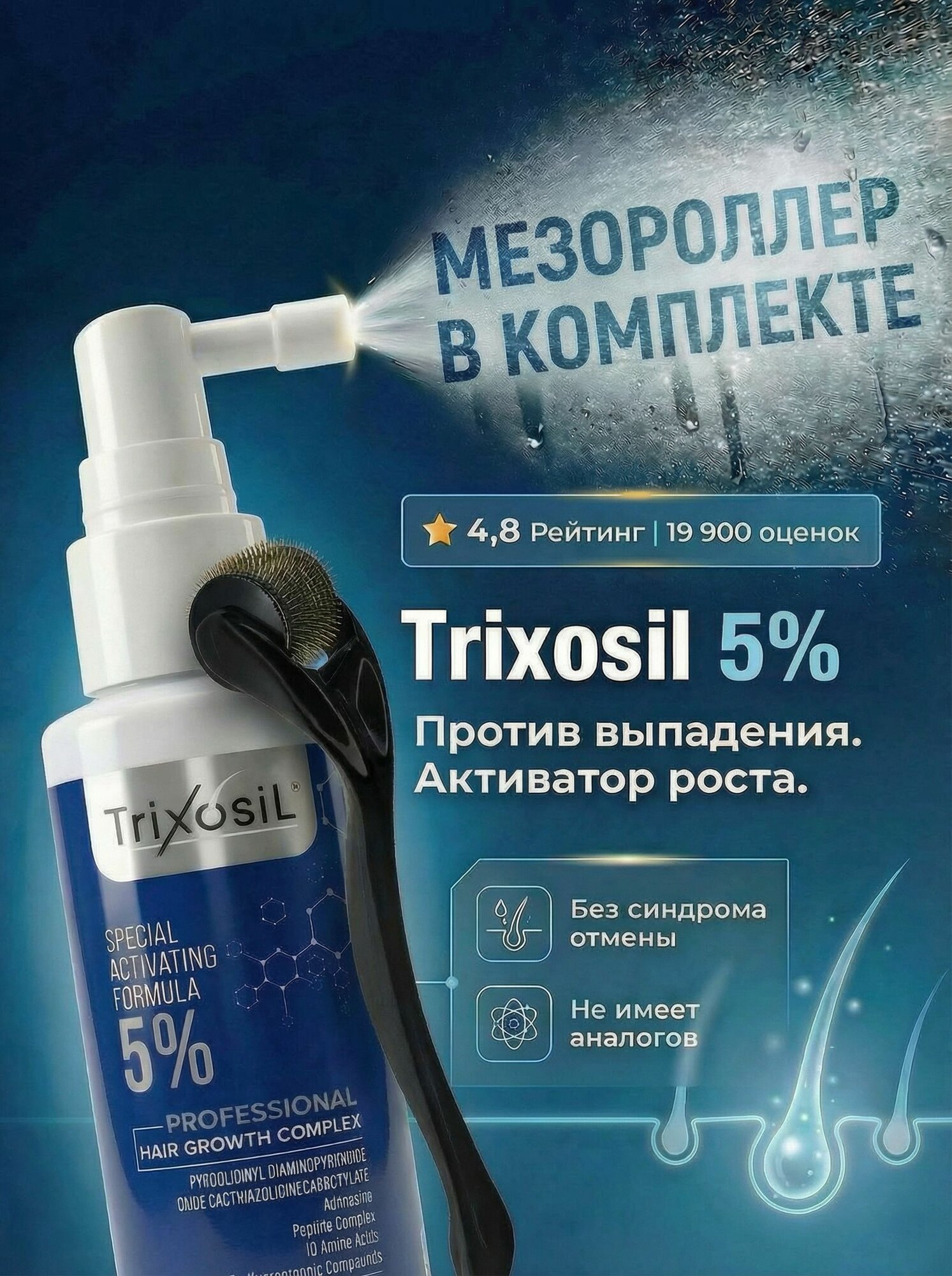 Trixosil 5% усиленная сыворотка для роста волос и бороды от выпадения, лосьон-активатор + мезороллер с комплексом пептидов и аминокислот, средство от алопеции для мужчин и женщин