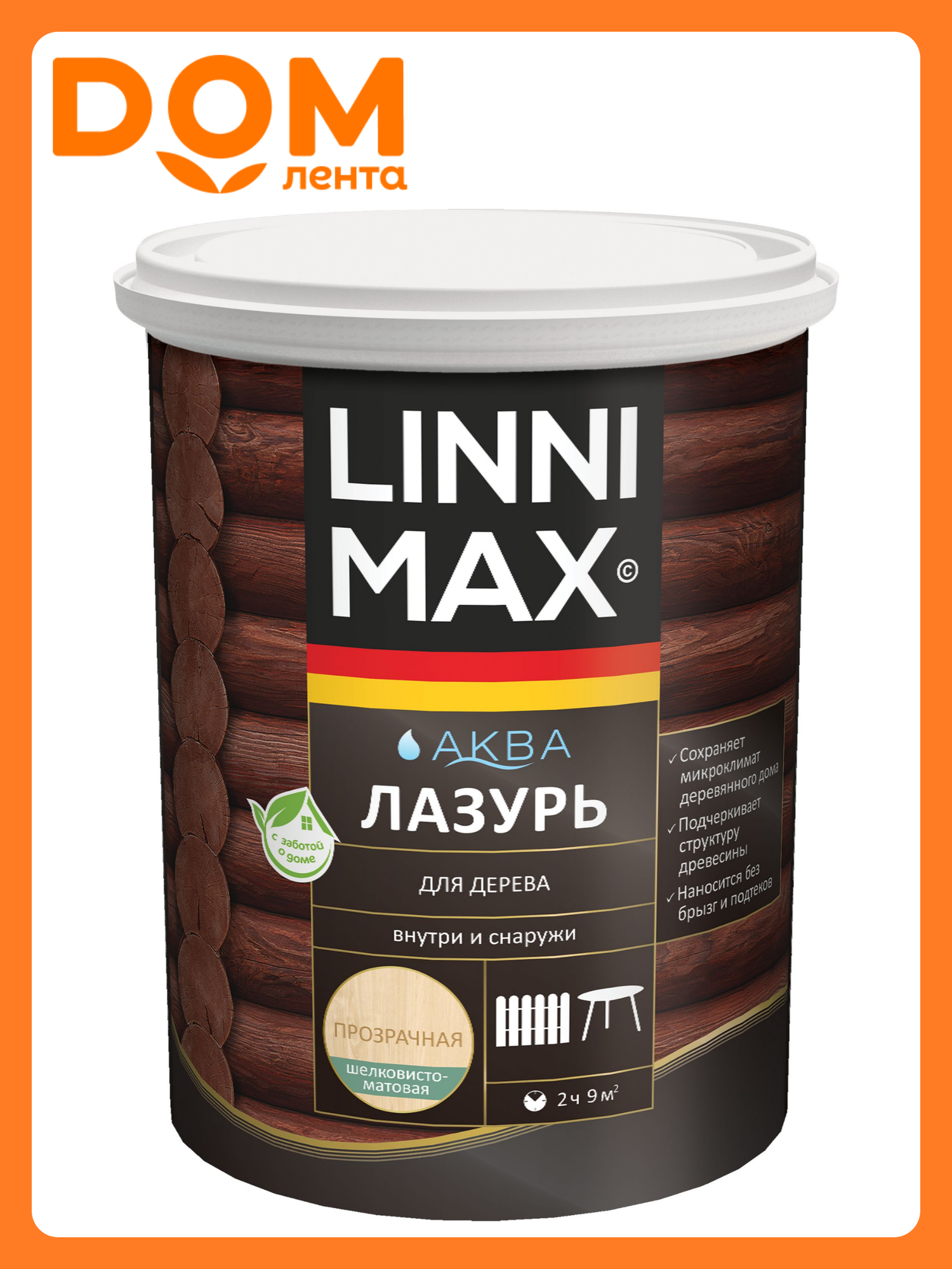 Лазурь водно-дисперсионная LINNIMAX Аква Лазурь для дерева 0,9 л