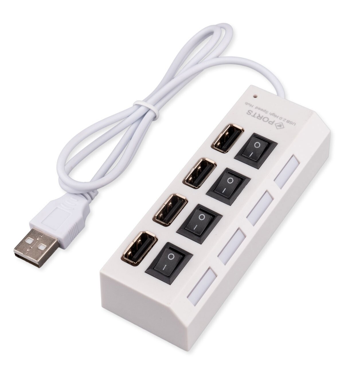 Разветвитель USB2.0 Gembird UHB-243-ADW, 4хUSB, с доп. питанием, подсветка и выключатели, кабель USB 55 см, белый, коробка