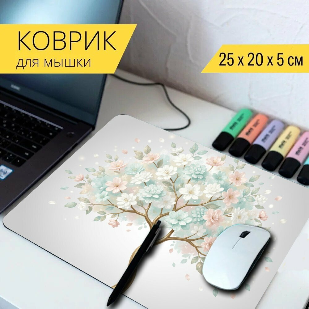Коврик для мыши с принтом "Цветущее дерево с нежными цветами. Элегантная декоративная композиция с тонкими ветвями, пастельными бутонами и светлой листвой. Нежные оттенки." 25x20см.