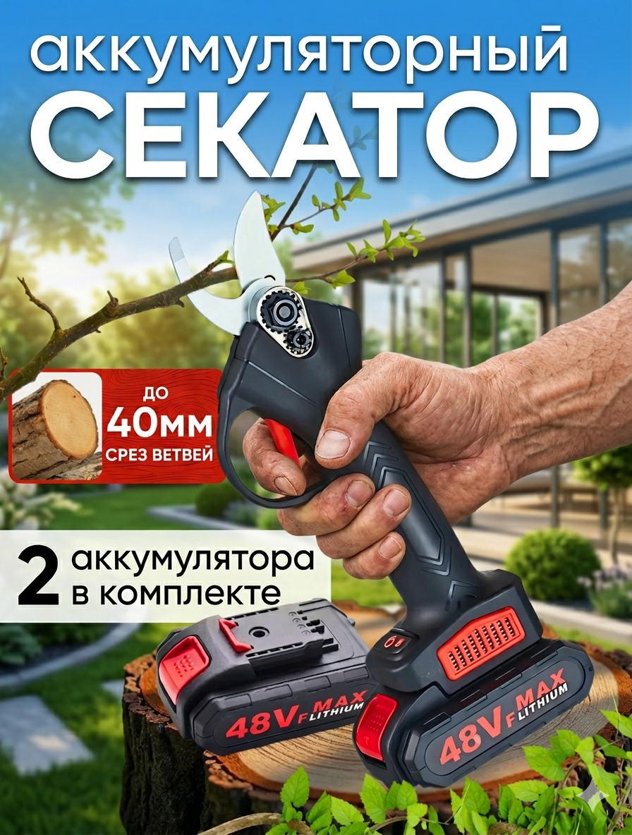 Секатор аккумуляторный садовый с 2 аккумуляторами АКБ, кусторез, сучкорез, черный