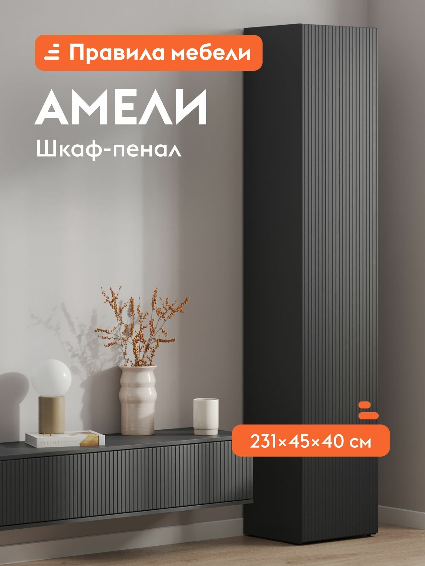 Распашной шкаф-пенал для одежды и хранения вещей Амели с полками, с фрезеровкой, 45х40х231 см, Черный графит