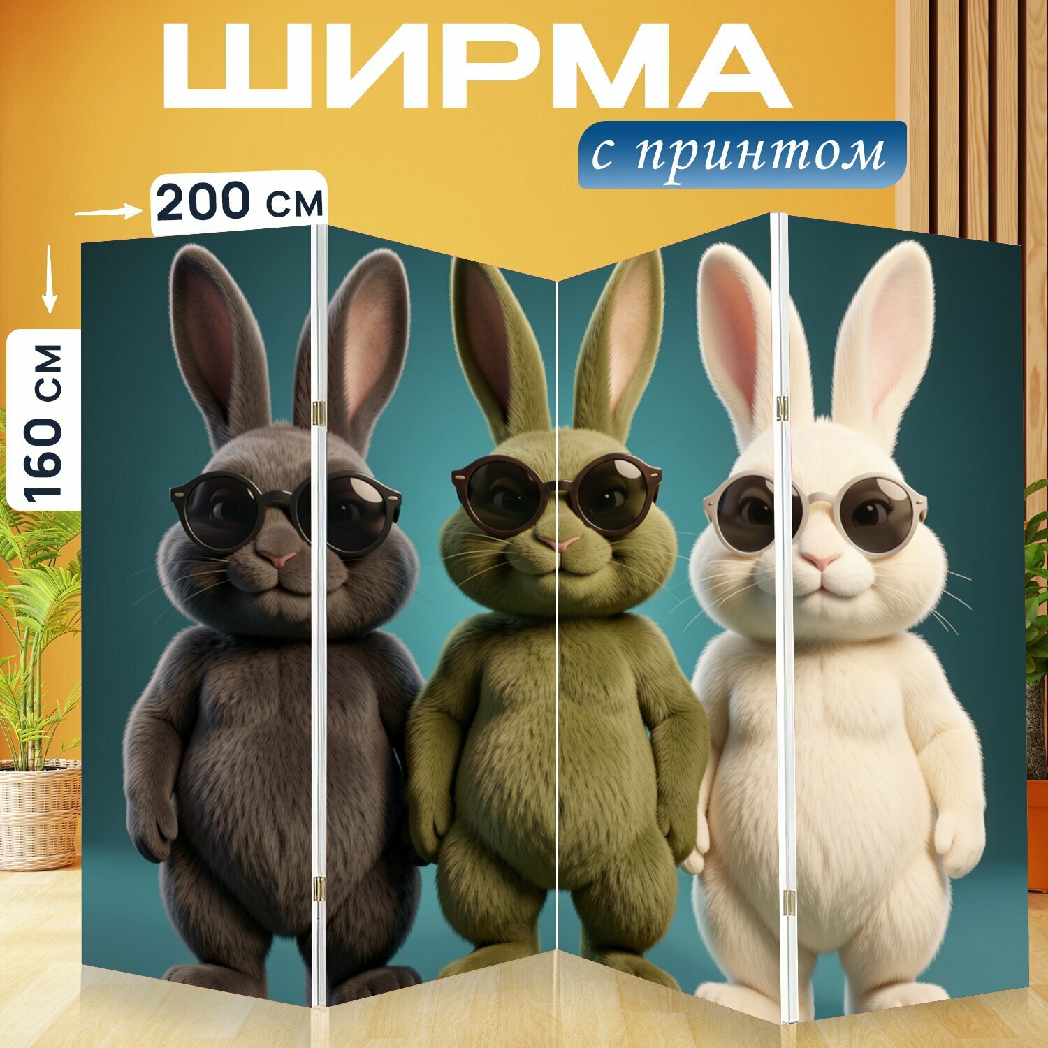 Ширма "Три кролика в очках. Забавные пушистые зайцы в стильных солнцезащитных аксессуарах, 3D иллюстрация на." перегородка для зонирования комнаты с принтом 200x160 см. на холсте