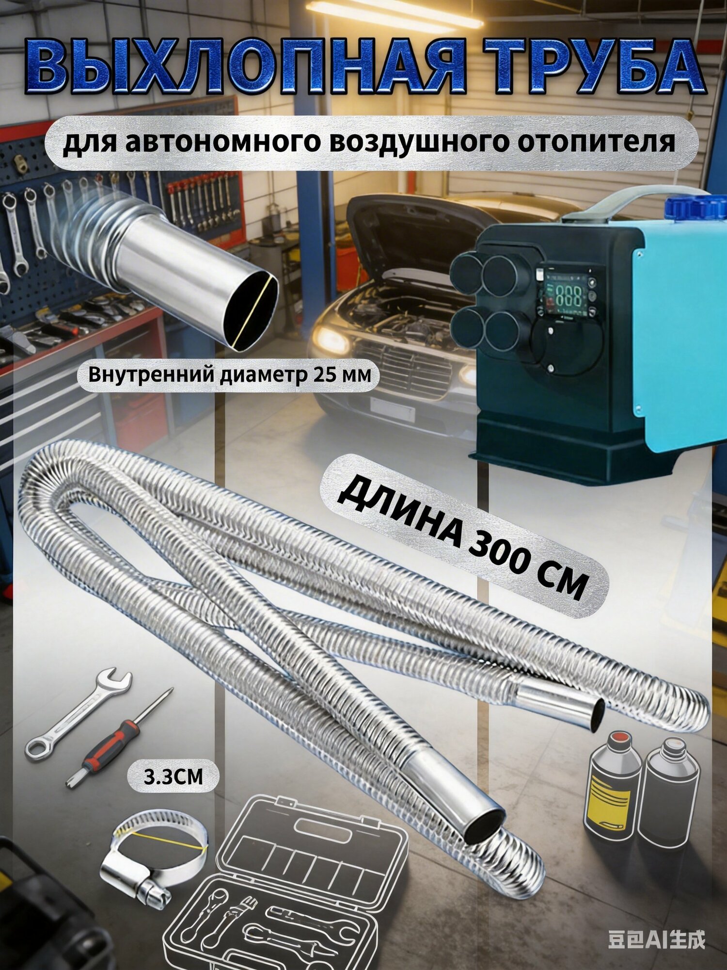 Выхлопная труба 300 см, диаметр 25 мм для автономного воздушного отопителя Webasto и Planar, гибкая гофра с хомутами для китайских систем
