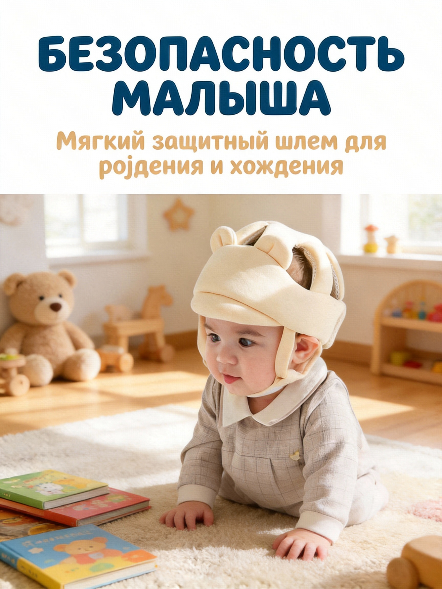 Детский противоударный шлем с защитой 360, мягкая дышащая шапка для обучения ходьбе и ползанию, регулируемый размер для детей 6 месяцев–3 лет