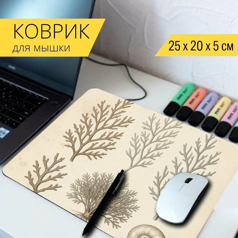 Коврик для мыши с принтом "Винтажная ботаническая иллюстрация водорослей. Старинный научный рисунок морской флоры и раковины в бежево-сепийных тонах. Графика в стиле." 25x20см.