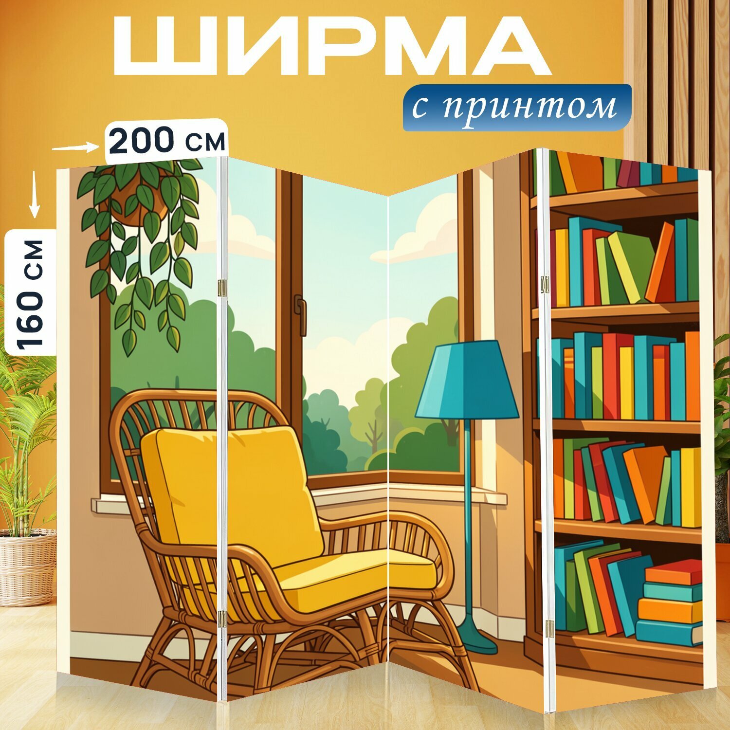 Ширма "Уютный уголок для чтения. Солнечный интерьер с плетёным креслом, жёлтой подушкой, книжным шкафом." перегородка для зонирования комнаты с принтом 200x160 см. на холсте