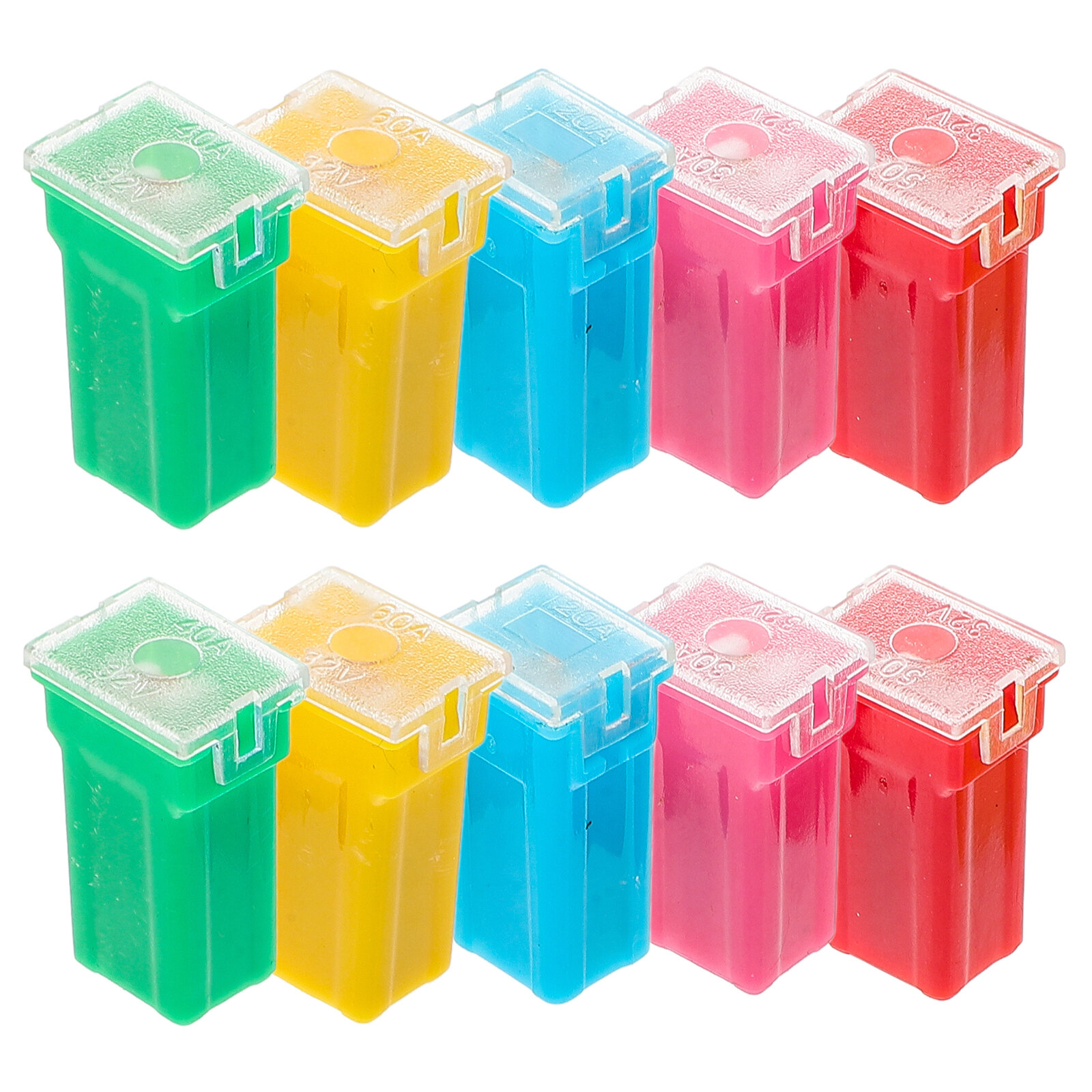 10 автомобильных квадратных предохранителей с длинными выводами и внутренними квадратными вставками, номинальные значения 20 А, 30 А, 40 А, 50 А и 60 А, по 2 длинных вывода у каждого.