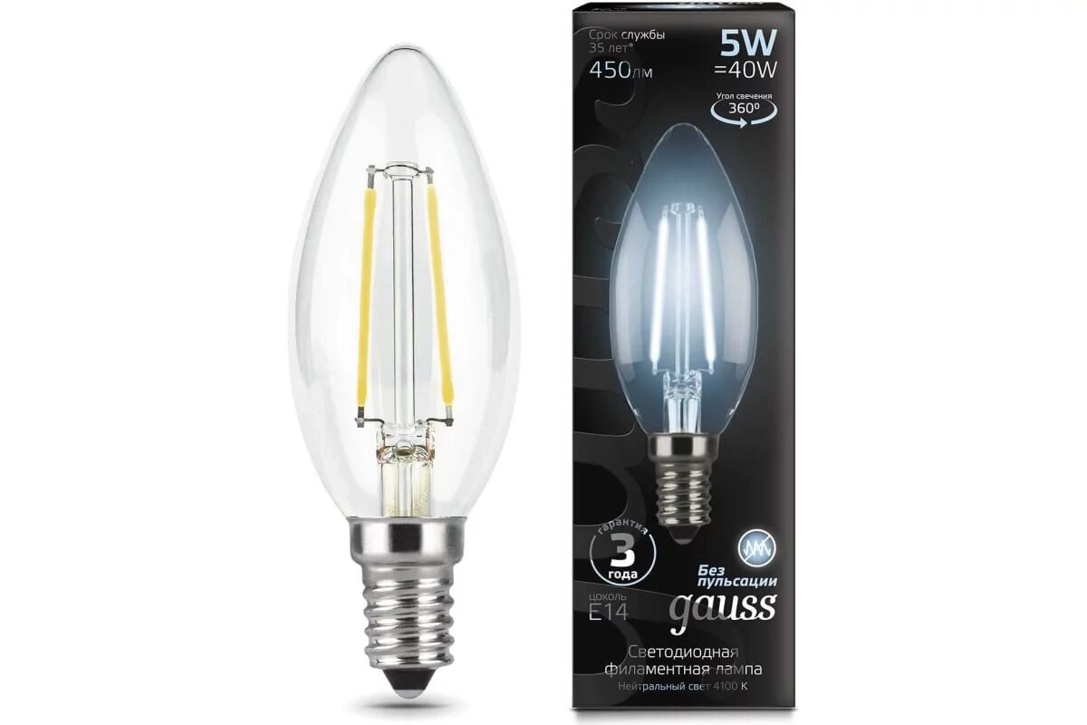 Лампа Gauss Filament Свеча Е14, 5 Вт, 450ЛМ, 4100К