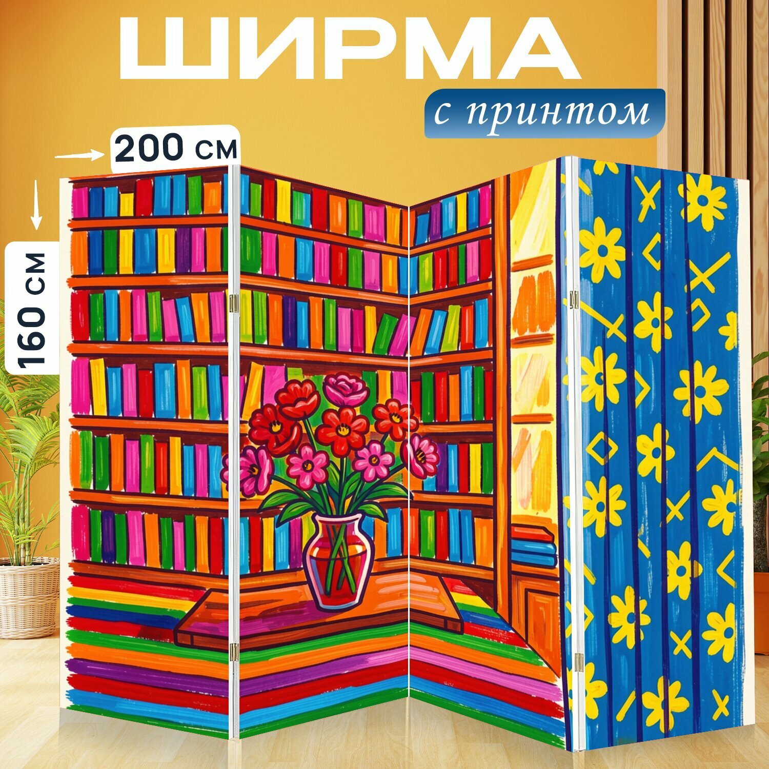 Ширма "Яркая библиотека с цветами. Красочный интерьер читальни: высокие стеллажи с разноцветными книгами." перегородка для зонирования комнаты с принтом 200x160 см. на холсте