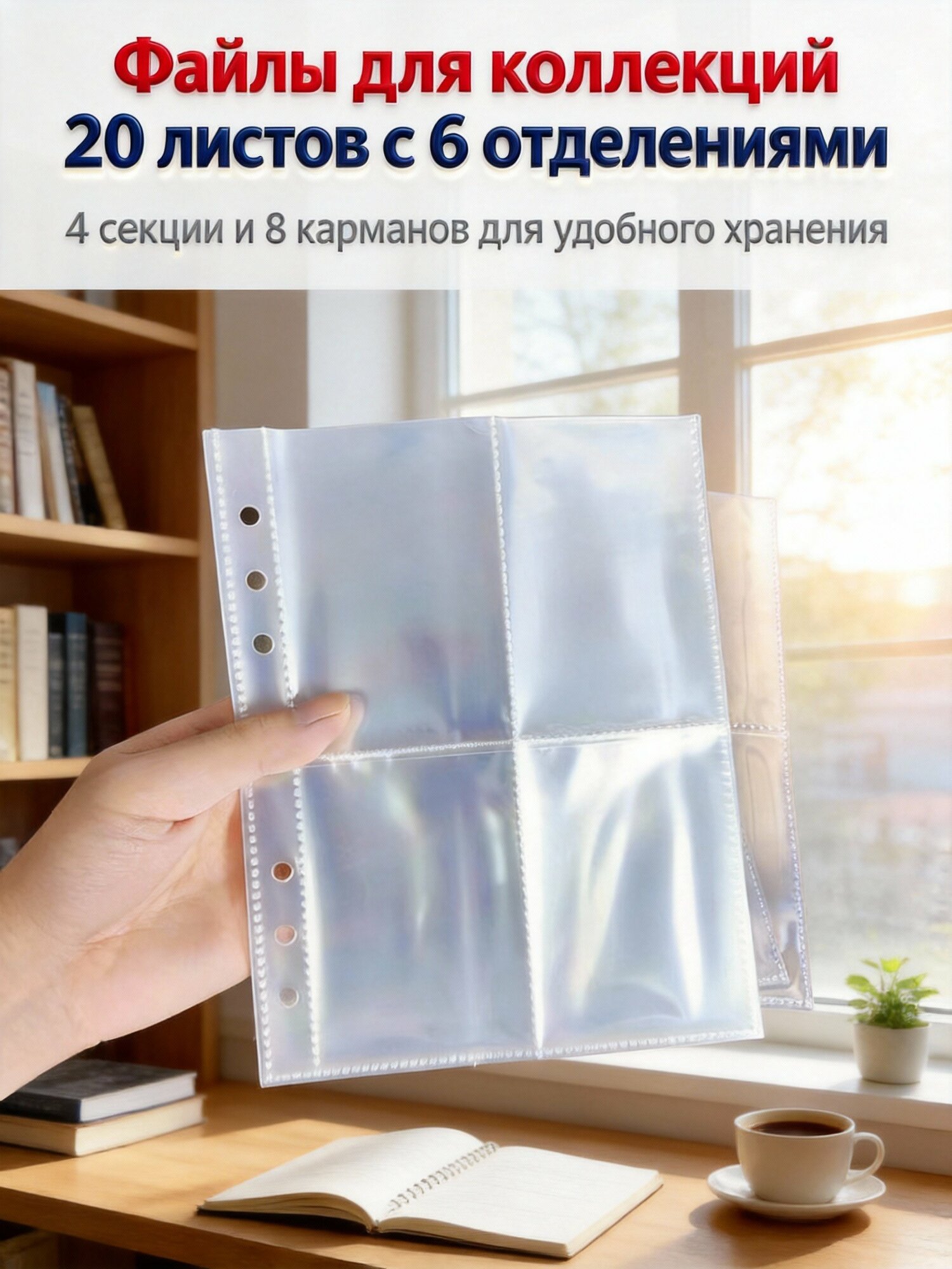 20 листов, 6 отверстий, 4 секции и 8 кармашков, для хранения и систематизации