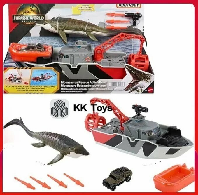 Спичечный коробок Mattel Мир Юрского периода с 12,5-дюймовым динозавром Мозазавром, джипом, отлитым под давлением в масштабе 1:64, гарпунными ракетами и съемной спасательной лодкой