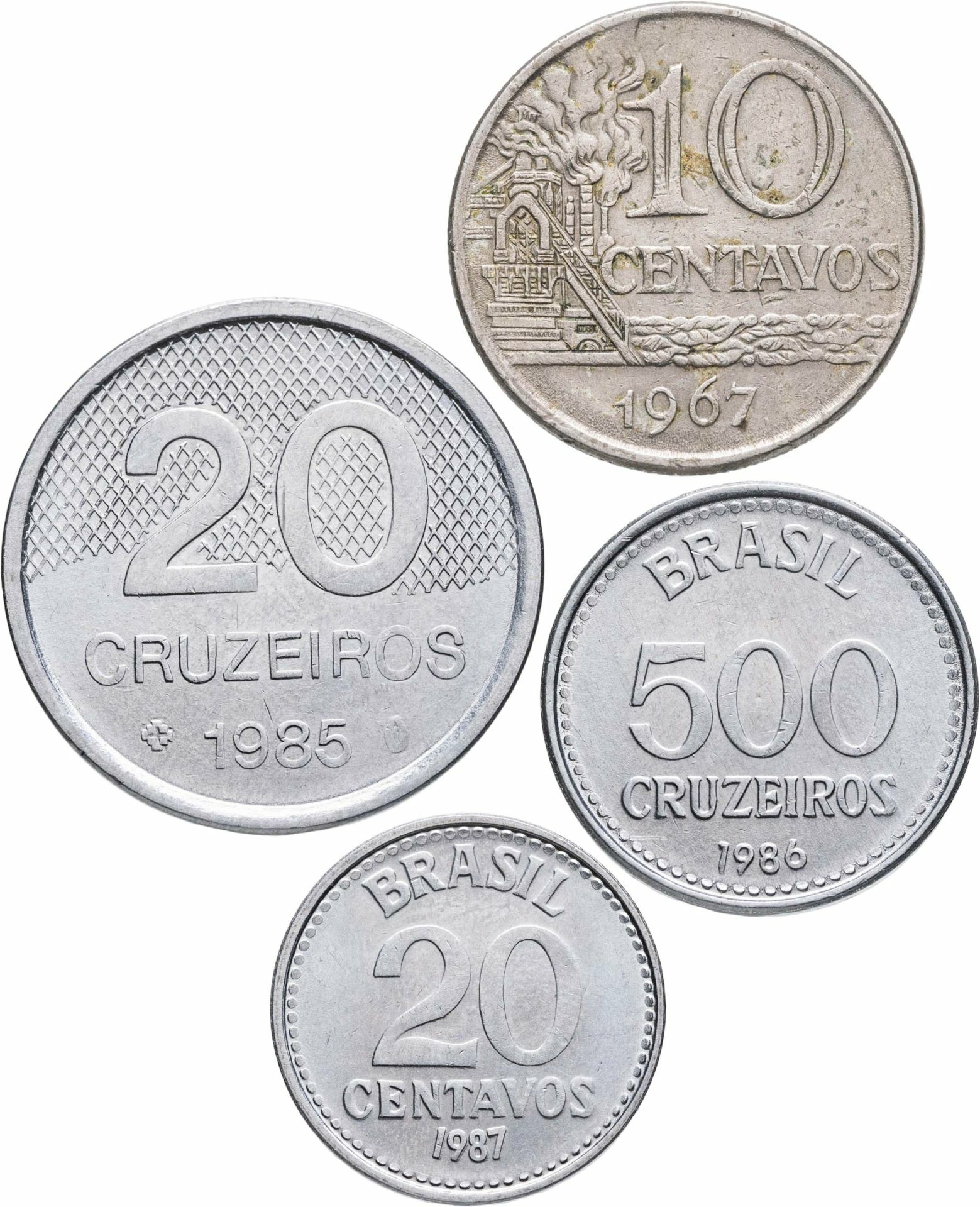 Бразилия набор из 4 монет 10, 20 сентаво и 20, 500 крузейро 1967-1987, Сталь, в сохранности XF-AU