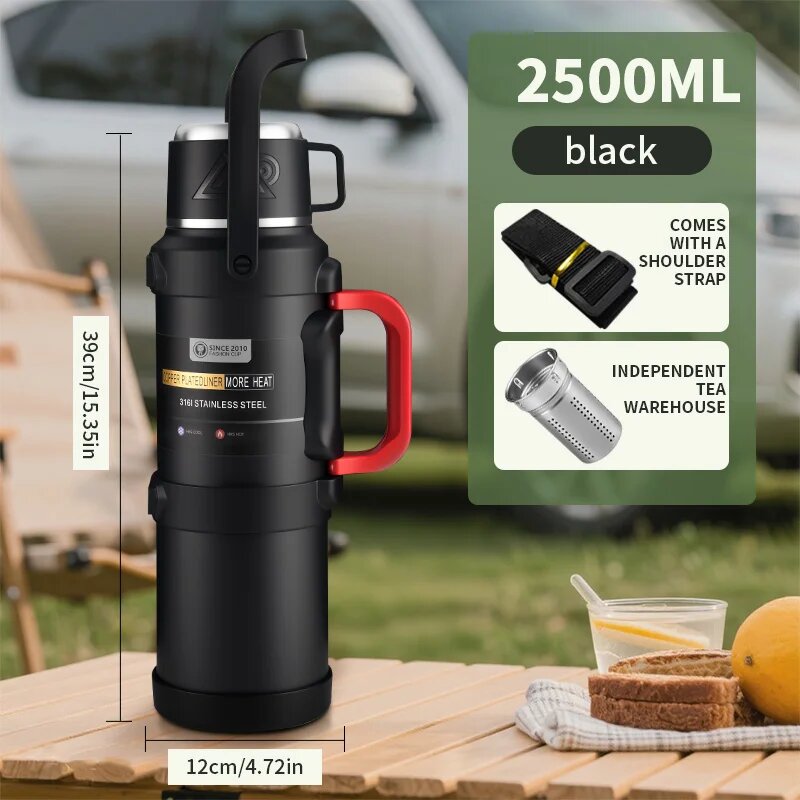 Черный термос 2.5 л из нержавеющей стали со strap
