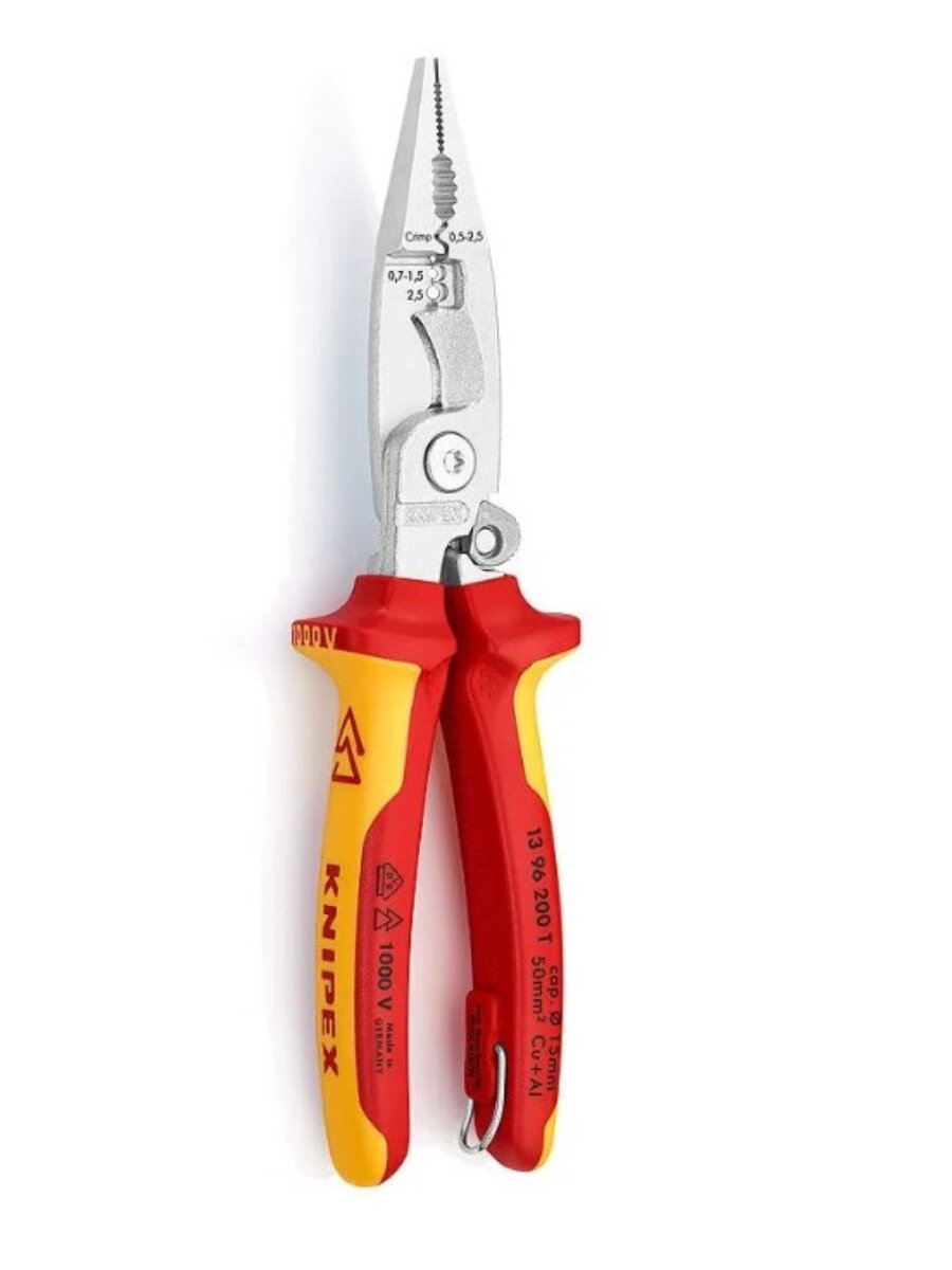 Клещи KNIPEX электромонтажные VDE, 6-в-1, защёлка-собачка, хром, 2-комп диэлектрические ручки, проушина KN-1396200T