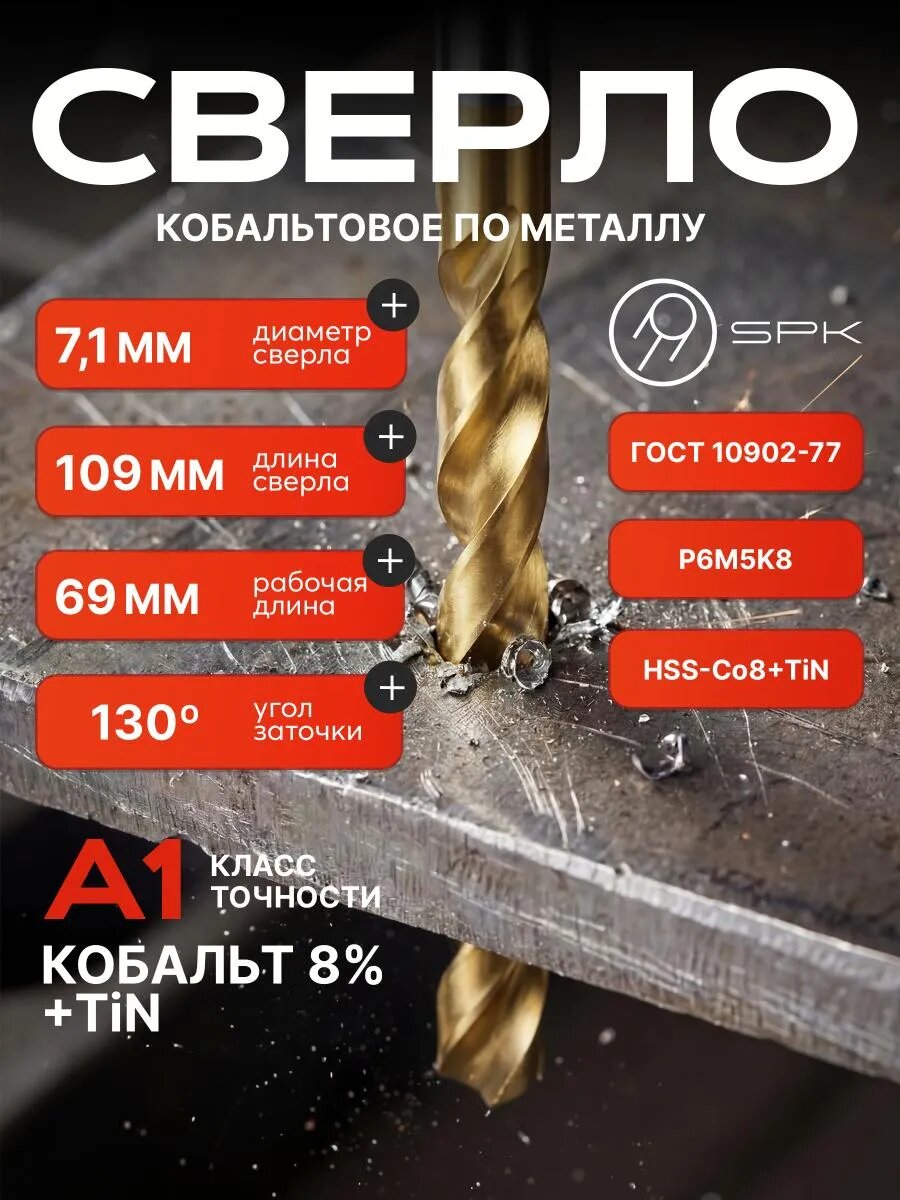 Сверло по металлу SPK, кобальтовое, термостойкое, с Tin, 7,1 мм