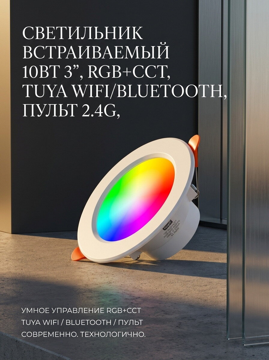 Светильник встраиваемый 10Вт 3", RGB+CCT, Tuya WiFi/Bluetooth, пульт 2.4G, 1шт