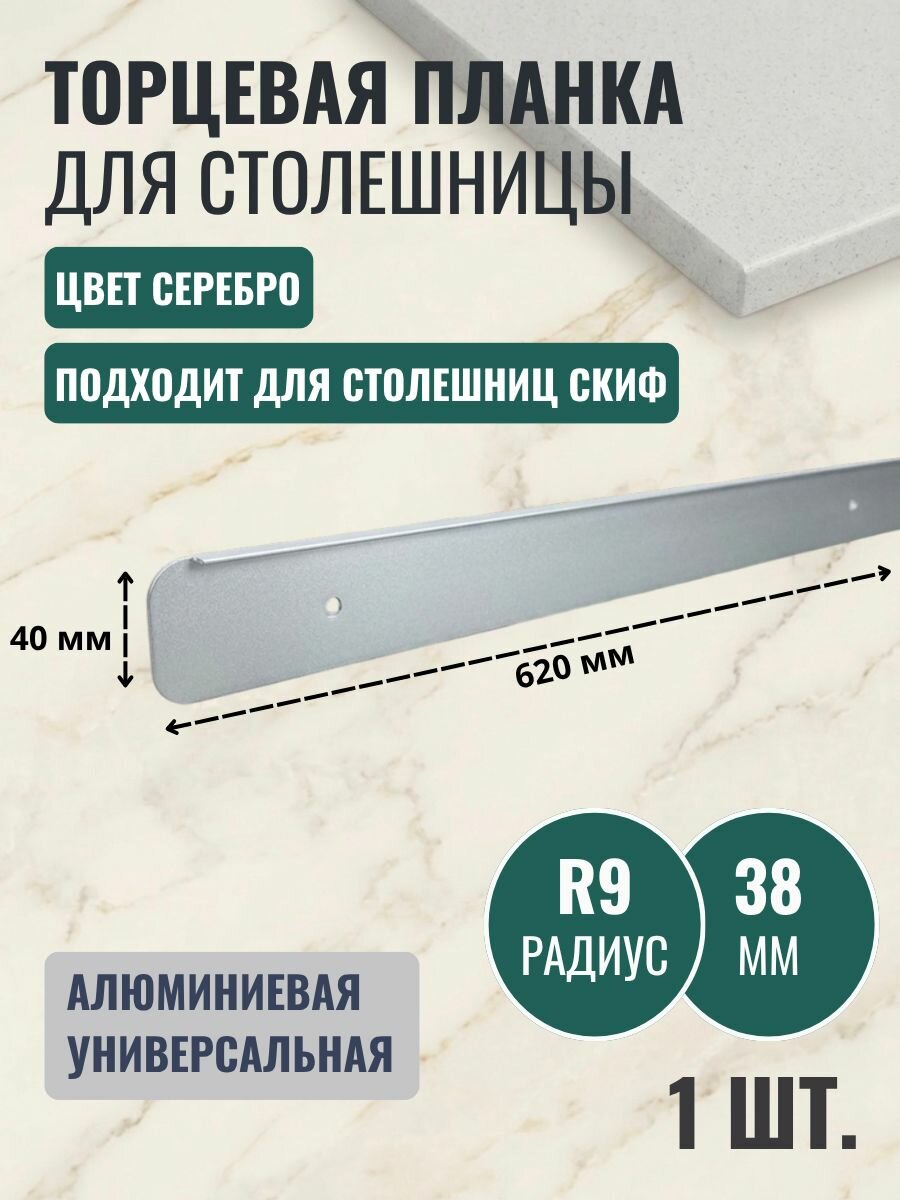 Планка торцевая для столешницы R9 38 мм 620 мм универсальная цвет Серебро 1 шт.