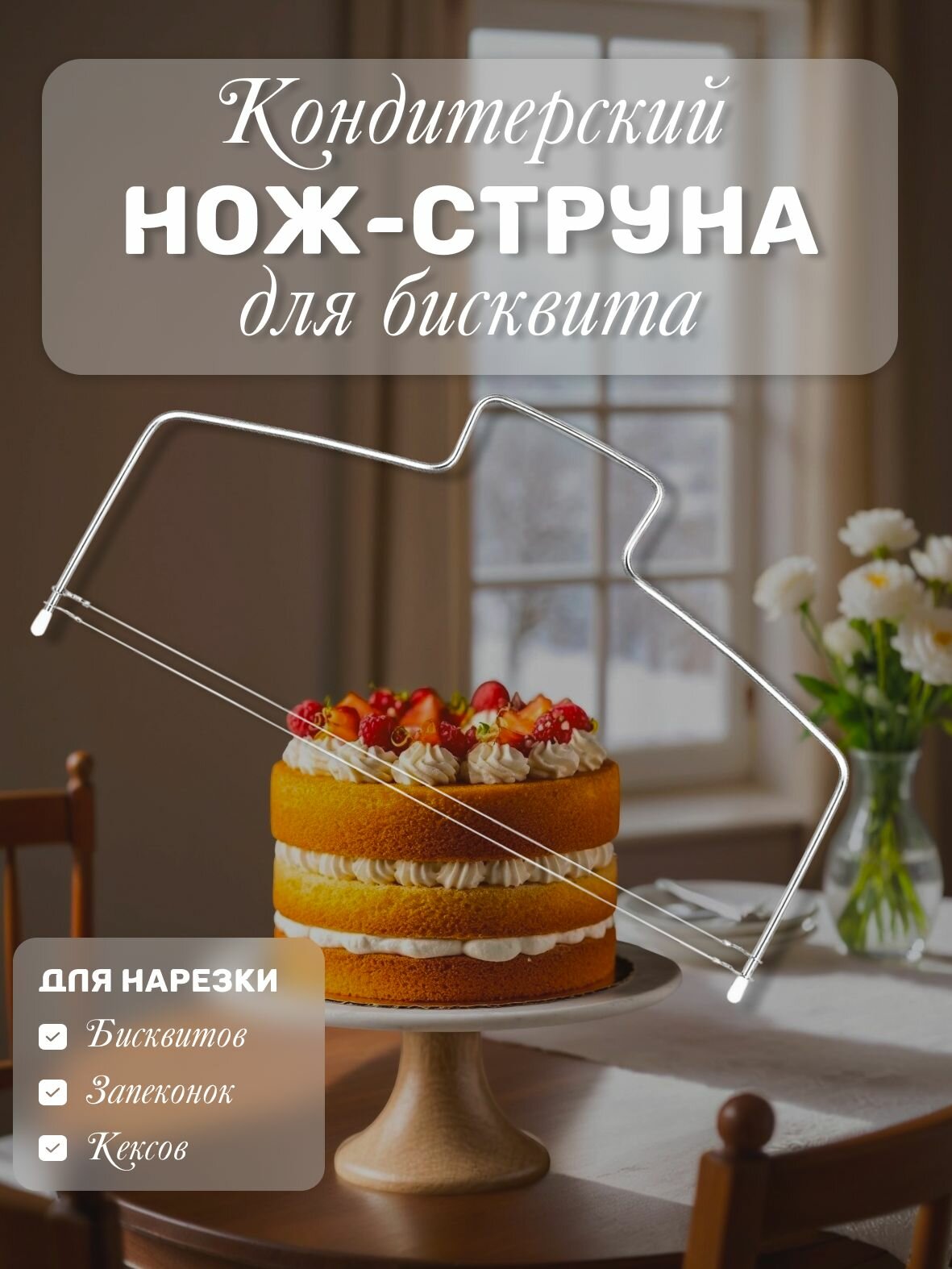 Кондитерский нож - струна для нарезки бисквита на коржи, торторезка двухструнная , 32 см
