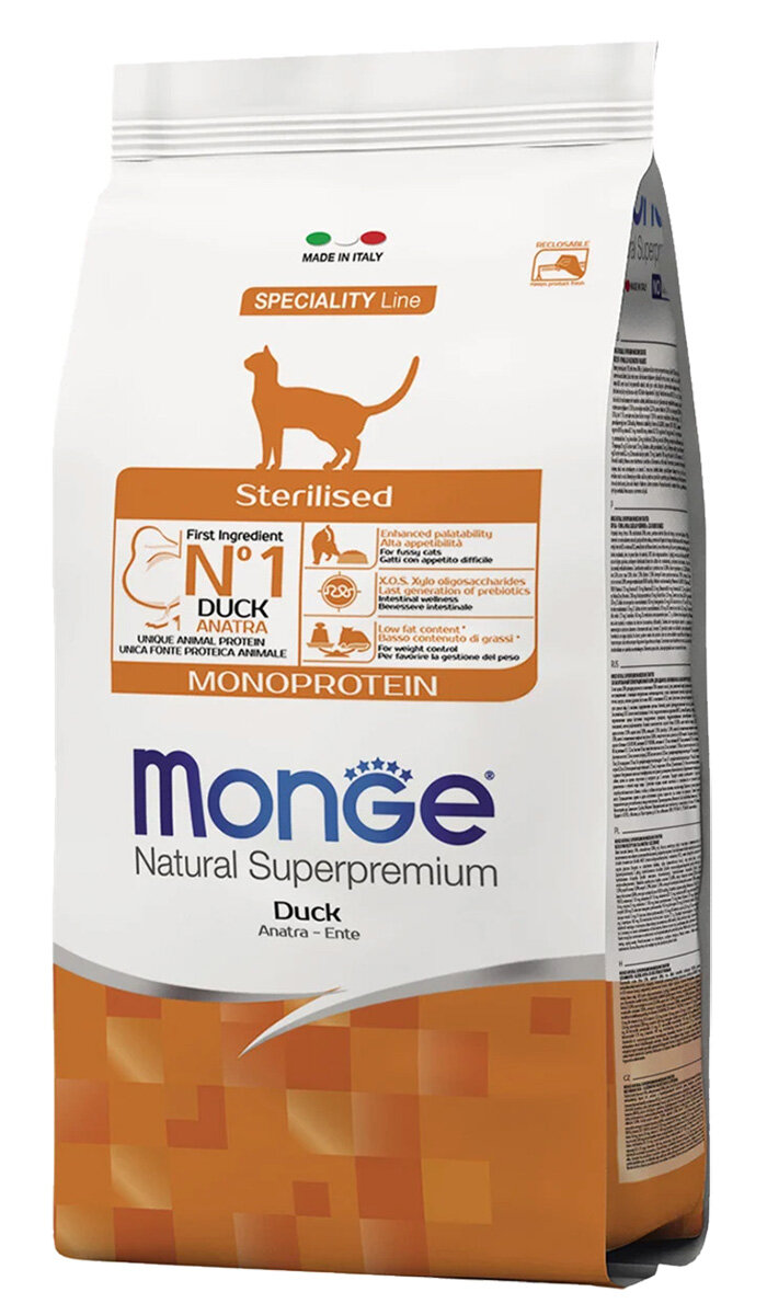 Корм сухой Monge Speciality Monoprotein Cat Sterilised Duck монобелковый для взрослых кастрированных котов и стерилизованных кошек, утка, 1,5 кг