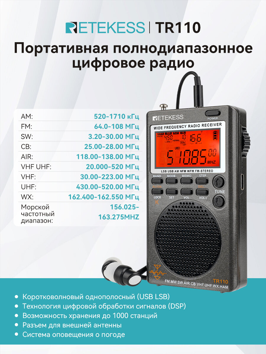 Портативный многополосный радиоприемник RETEKESS TR110 Радио карманное всеволновое цифровое FM/MW/SW/LSB/AIR/CB/VHF/UHF
