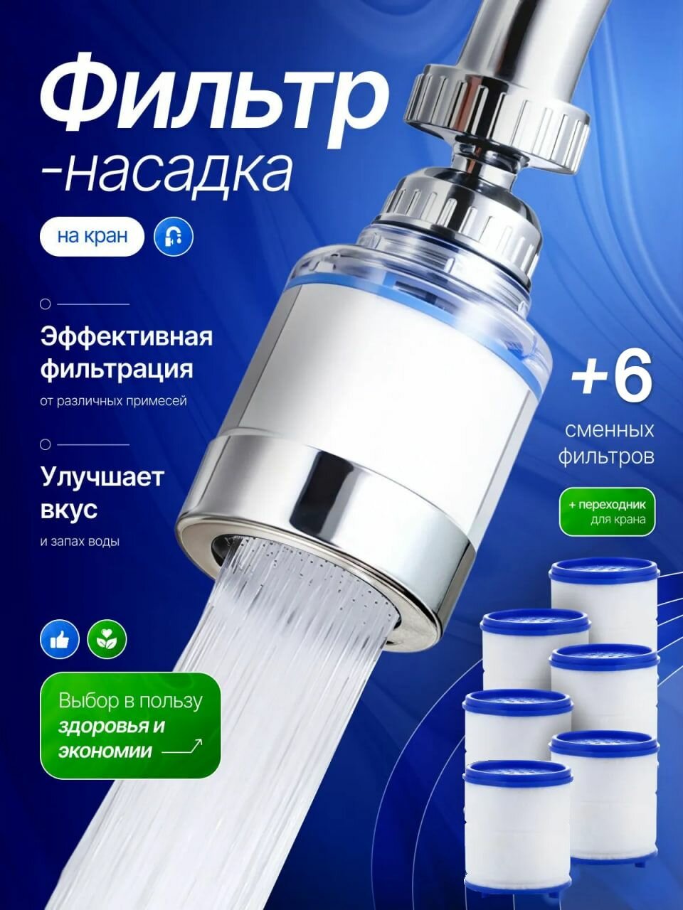 Фильтр для воды, насадка на кран водосберегающая и набор сменных картриджей фильтр-насадка экономия воды очистка воды картриджи для фильтра