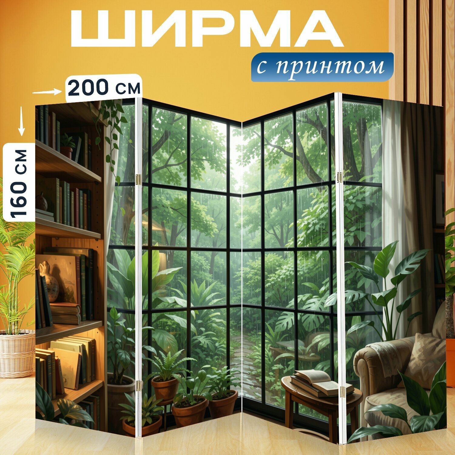 Ширма "Уютная комната с видом на джунгли. Светлый интерьер с деревянными полками, креслом и горшечными." перегородка для зонирования комнаты с принтом 200x160 см. на холсте