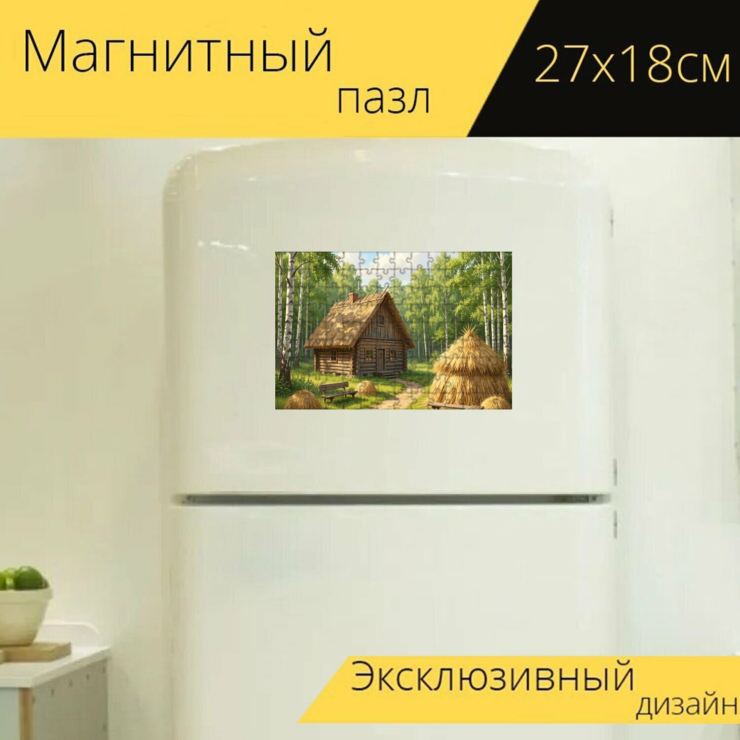 Магнитный пазл "Лесная избушка у тропинки. Солнечная деревенская сцена среди березового леса: бревенчатый домик с соломенной крышей, стога сена, скамейки." на холодильник 27 x 18 см.